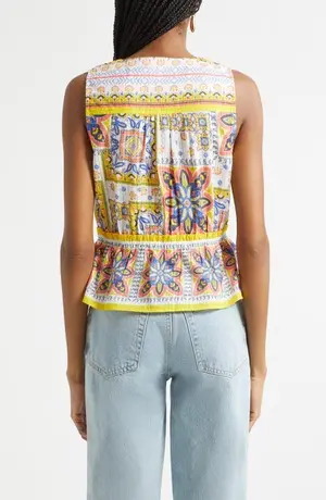Ramy Brook Lyra Tile Print V-neck Cotton Peplum Top