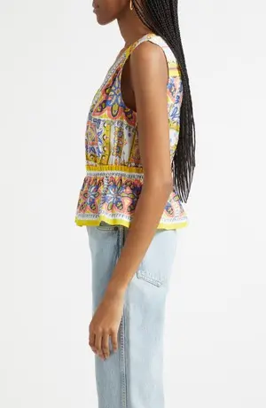 Ramy Brook Lyra Tile Print V-neck Cotton Peplum Top