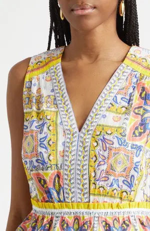 Ramy Brook Lyra Tile Print V-neck Cotton Peplum Top