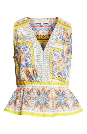 Ramy Brook Lyra Tile Print V-neck Cotton Peplum Top