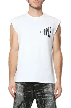 PURPLE BRAND Textured Sleeveless Cotton Graphic T-shirt - White