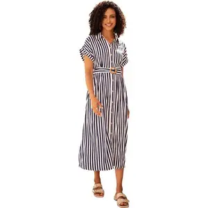 YUMI Stripe Print Belted Midi Shirt Dress - Navy