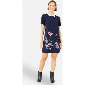 YUMI Embroidered Floral Tunic Dress - Navy