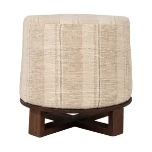OLIVE GROVE Woven Round Ottoman Stool In Striped Upholstery - Ivory