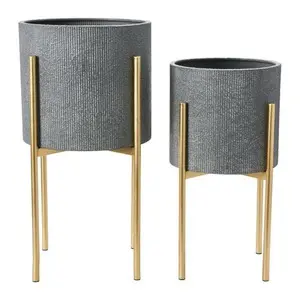 STORIED HOME Embossed Planters With Stands - Grey