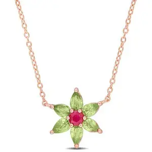 JULIANNA B. Green Sapphire And Flower Necklace In Rose-plated Sterling Silver - Ruby
