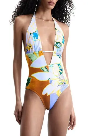Desigual Cutout Plunge Halterneck One-piece Swimsuit - Orange Multi