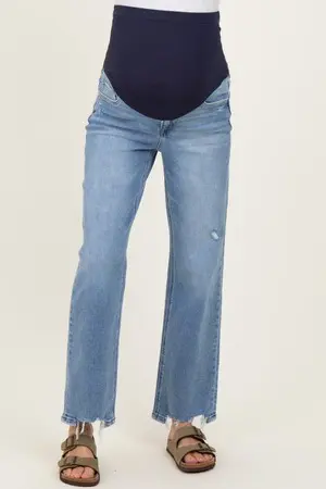 PINKBLUSH Maternity Distressed Frayed Hem Wide Leg Jeans