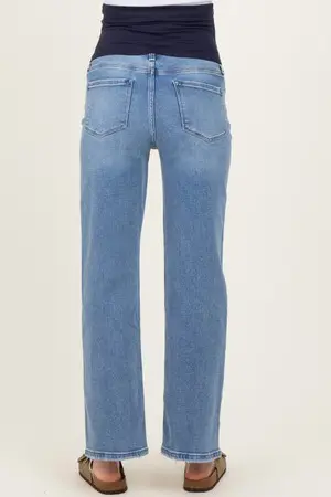 PINKBLUSH Maternity Distressed Frayed Hem Wide Leg Jeans