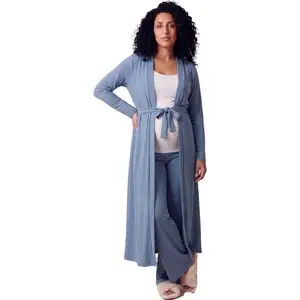 24SEVEN COMFORT APPAREL 24seven Comfort Apparel Maternity Ribbed Knit Tie Waist Jacket And Wide Leg Pant Set Blue
