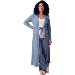 24SEVEN COMFORT APPAREL Maternity Ribbed Knit Tie Waist Jacket And Wide Leg Pant Set - Blue