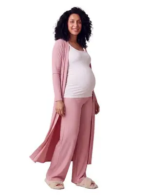 24SEVEN COMFORT APPAREL Maternity Ribbed Knit Tie Waist Jacket And Wide Leg Pant Set - Blush