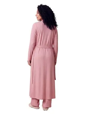 24SEVEN COMFORT APPAREL Maternity Ribbed Knit Tie Waist Jacket And Wide Leg Pant Set - Blush