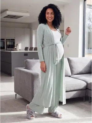 24SEVEN COMFORT APPAREL Maternity Ribbed Knit Tie Waist Jacket And Wide Leg Pant Set - Blush
