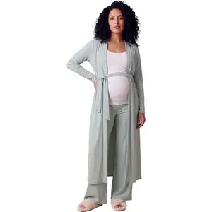 24SEVEN COMFORT APPAREL Maternity Ribbed Knit Tie Waist Jacket And Wide Leg Pant Set - Mint
