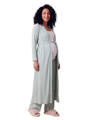 24SEVEN COMFORT APPAREL Maternity Ribbed Knit Tie Waist Jacket And Wide Leg Pant Set - Mint