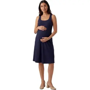24SEVEN COMFORT APPAREL Maternity Ribbed Knit Scoop Neck A-line Midi Dress - Navy