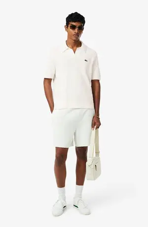 Lacoste Johnny Collar Cotton Blend Bouclé Knit Polo Sweater - Flour