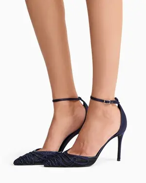 Giorgio Armani Embellished Mesh Satin Pumps With Ankle Strap