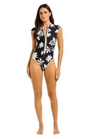 Seafolly Cap Sleeve Zip Front One-piece Swimsuit