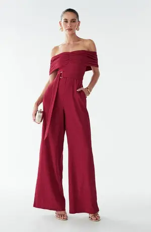 BWLDR Ava Off-shoulder Wide-leg Jumpsuit - Burgundy