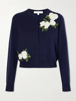 Carolina Herrera Floral Embellished Silk And Cotton-blend Cardigan - Blue