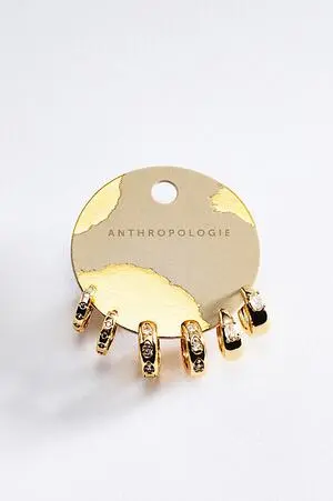 Anthropologie Crystal Huggie Hoop Earrings Set - Gold