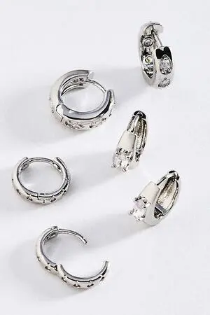 Anthropologie Crystal Huggie Hoop Earrings Set - Silver