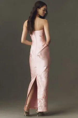 SAU LEE Isla Embroidered Satin Column Gown