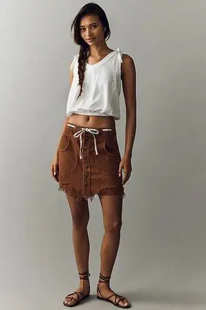 PILCRO Drawstring Denim Mini Skirt With Button Front And Raw Hem - Rust