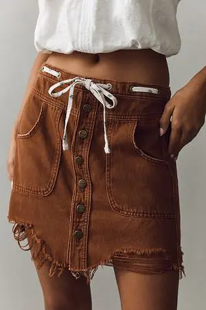 PILCRO Drawstring Denim Mini Skirt With Button Front And Raw Hem - Rust