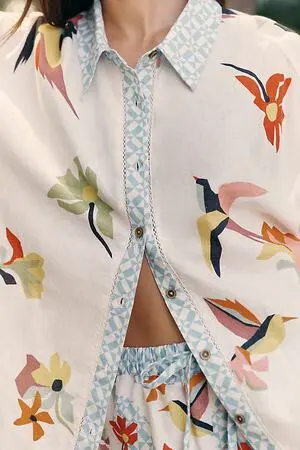CELANDINE Linen Viscose Button-down Shirt With Floral And Bird Print