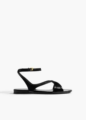 Khaite Liria Glazed Leather Ankle Strap Flat Sandals