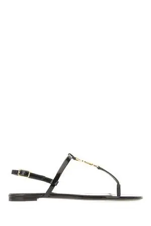 Saint Laurent Black Patent Leather Thong Sandals With Gold Tone Detailing