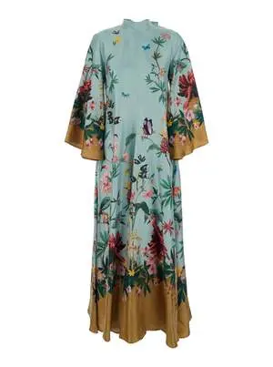 La DoubleJ Long Dress With High Neck And Floral Motif In Silk - Multicolor