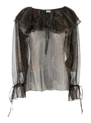 Saint Laurent Off-shoulder Blouse With Drawstring Poet Sleeves In Silk Blend