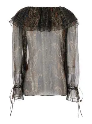 Saint Laurent Off-shoulder Blouse With Drawstring Poet Sleeves In Silk Blend