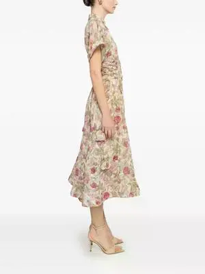 NISSA Floral Print Lace-up Midi Dress