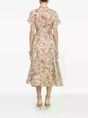 NISSA Floral Print Lace-up Midi Dress