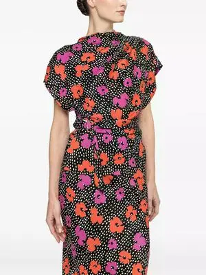 NISSA Floral Print Belted Shirt - Black