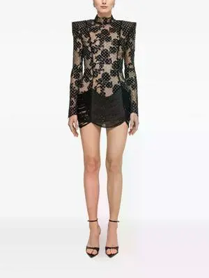NISSA Fringed Hem Lace Embellished Mini Dress
