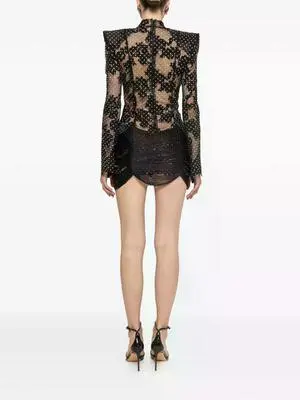 NISSA Fringed Hem Lace Embellished Mini Dress