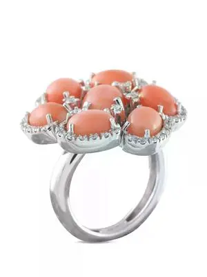ZYDO Coral And Diamond Ring In 18k White Gold