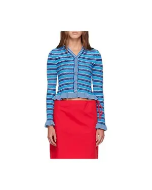 GANNI Striped Ruffle Knit Cardigan