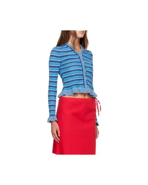GANNI Striped Ruffle Knit Cardigan