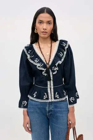Rixo Solene Embroidered Cotton Blouse