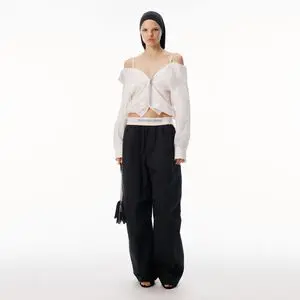 Alexander Wang Mid-rise Pleated Wide-leg Pants With Logo Elastic Waist