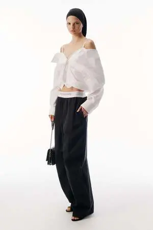 Alexander Wang Mid-rise Pleated Wide-leg Pants With Logo Elastic Waist