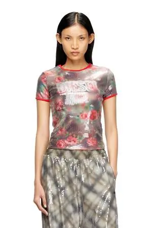 DIESEL® Skinny Fit Floral Print Jersey Top With Sequins