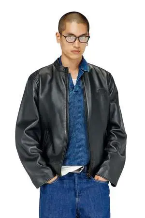 DIESEL® Waxed Leather Biker Jacket With Embossed Logo